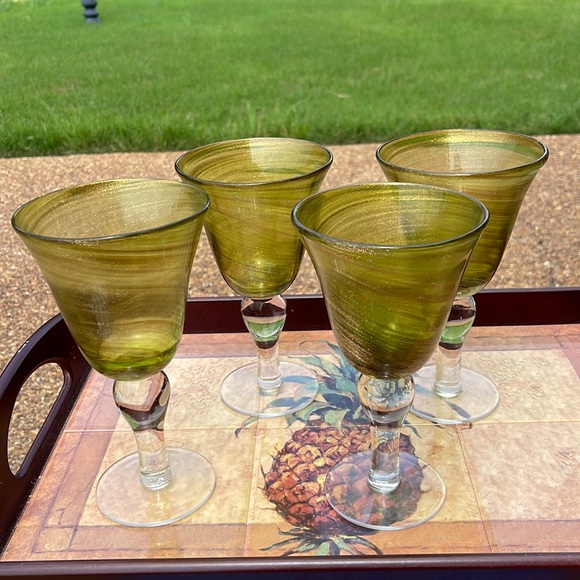 Dining | Goblets Handblown Glass Color Green Gold With Clear Stem Total ...